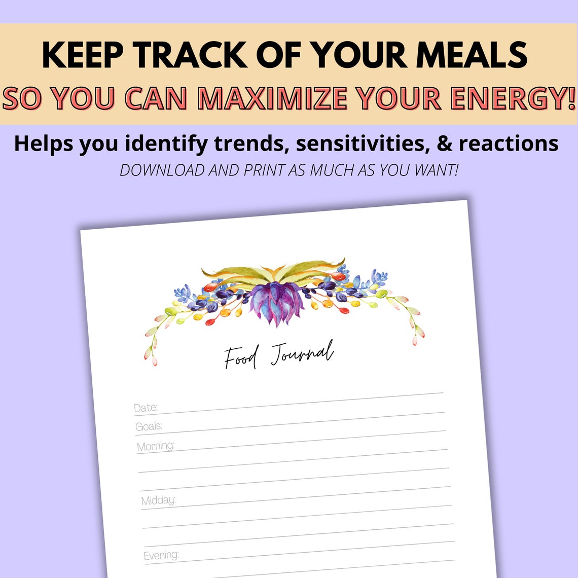 Printable Daily Food Journal PDF | Food and Mood Journal Template ...
