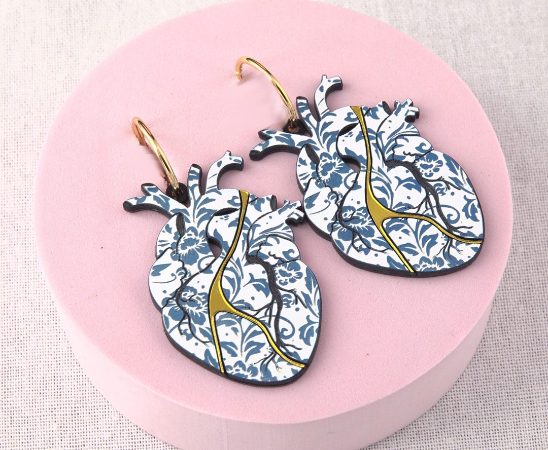 Heart Kintsugi Earrings: Handmade Delft Art Acrylic Jewelry - Etsy