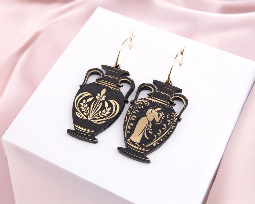 Greek Amphora Earrings — Black Gold Vase Hoops | Double Sided | Ancient ...
