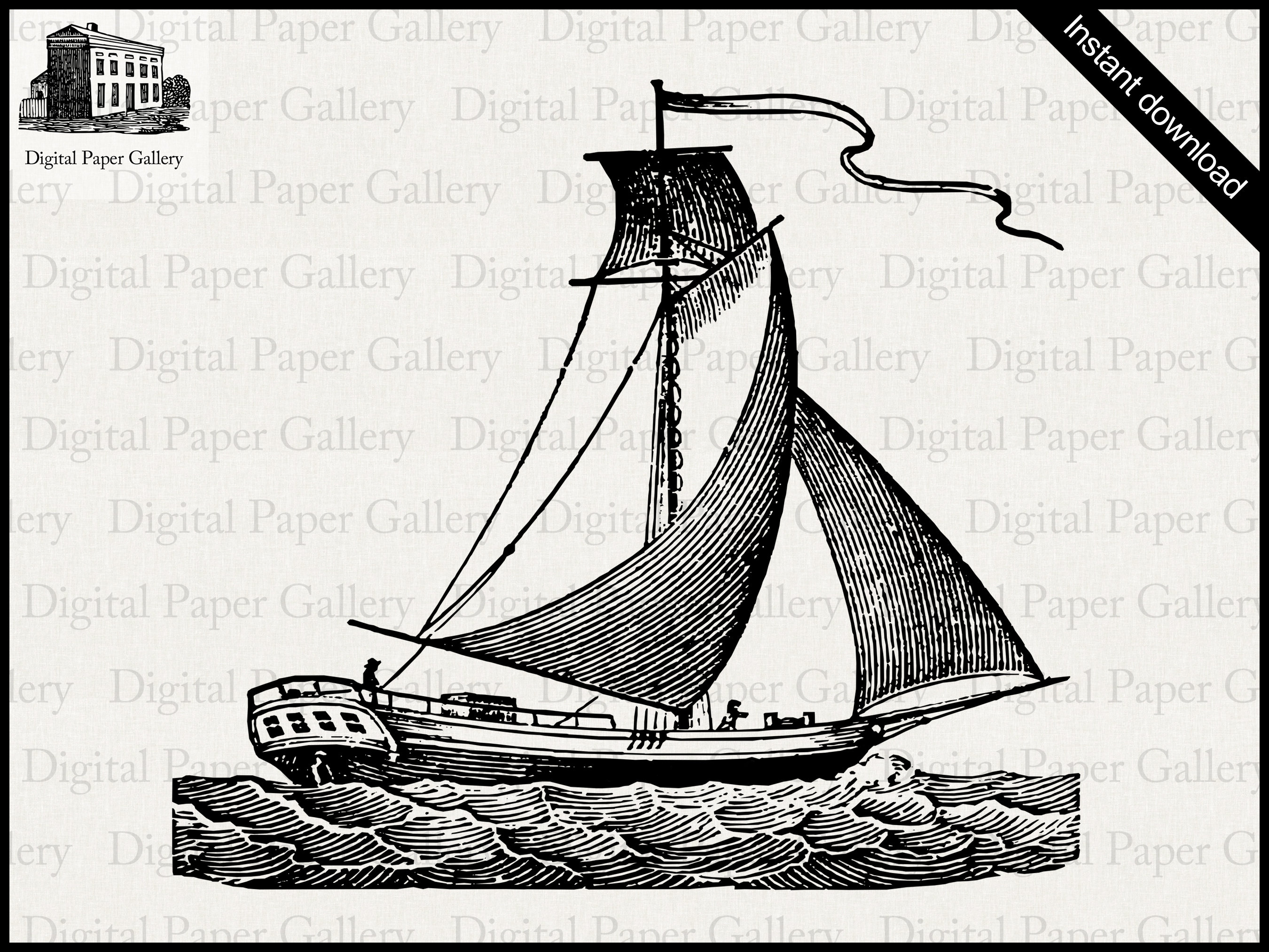 Vintage Woodcut Schooner Boat PNG Illustration Instant Download Digital ...