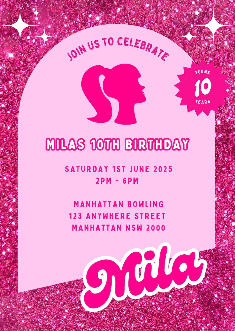 Hot Pink Barbie Theme Birthday Party Invitation - Glitter, Sparkles ...