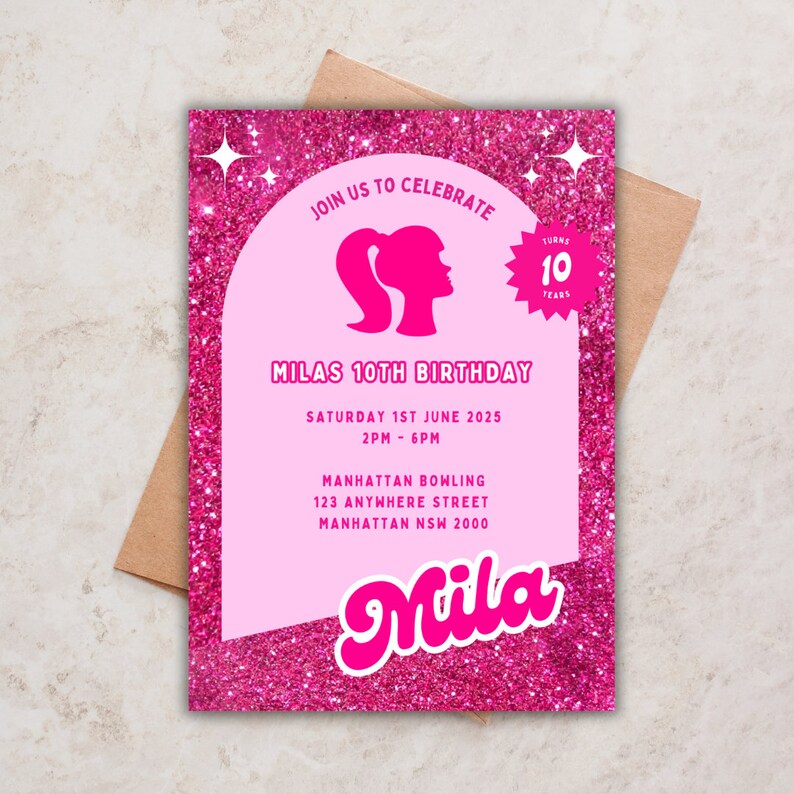 Hot Pink Barbie Theme Birthday Party Invitation - Glitter, Sparkles ...