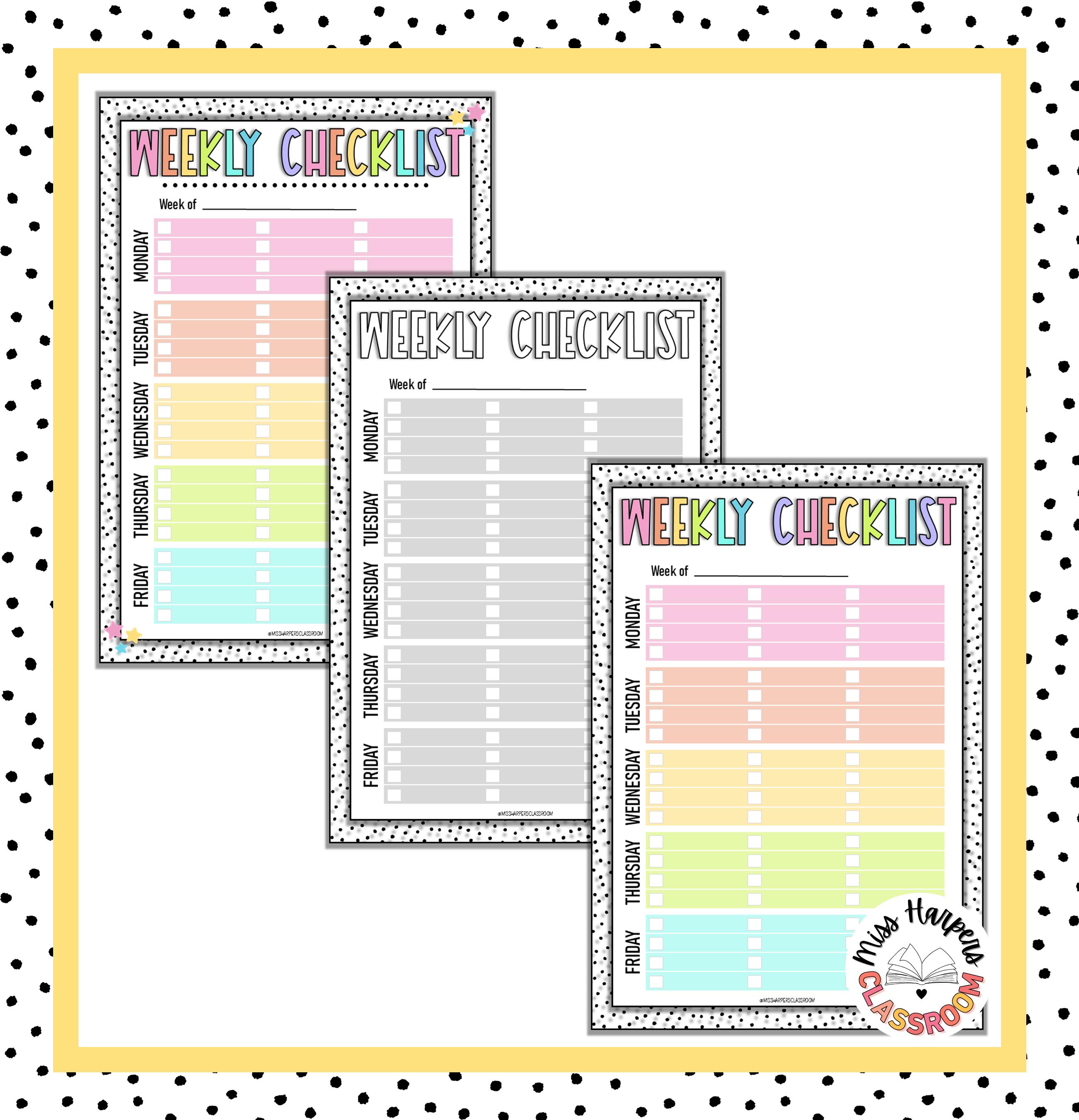 Classroom Weekly Checklist Template | Spotty Rainbow | Editable ...
