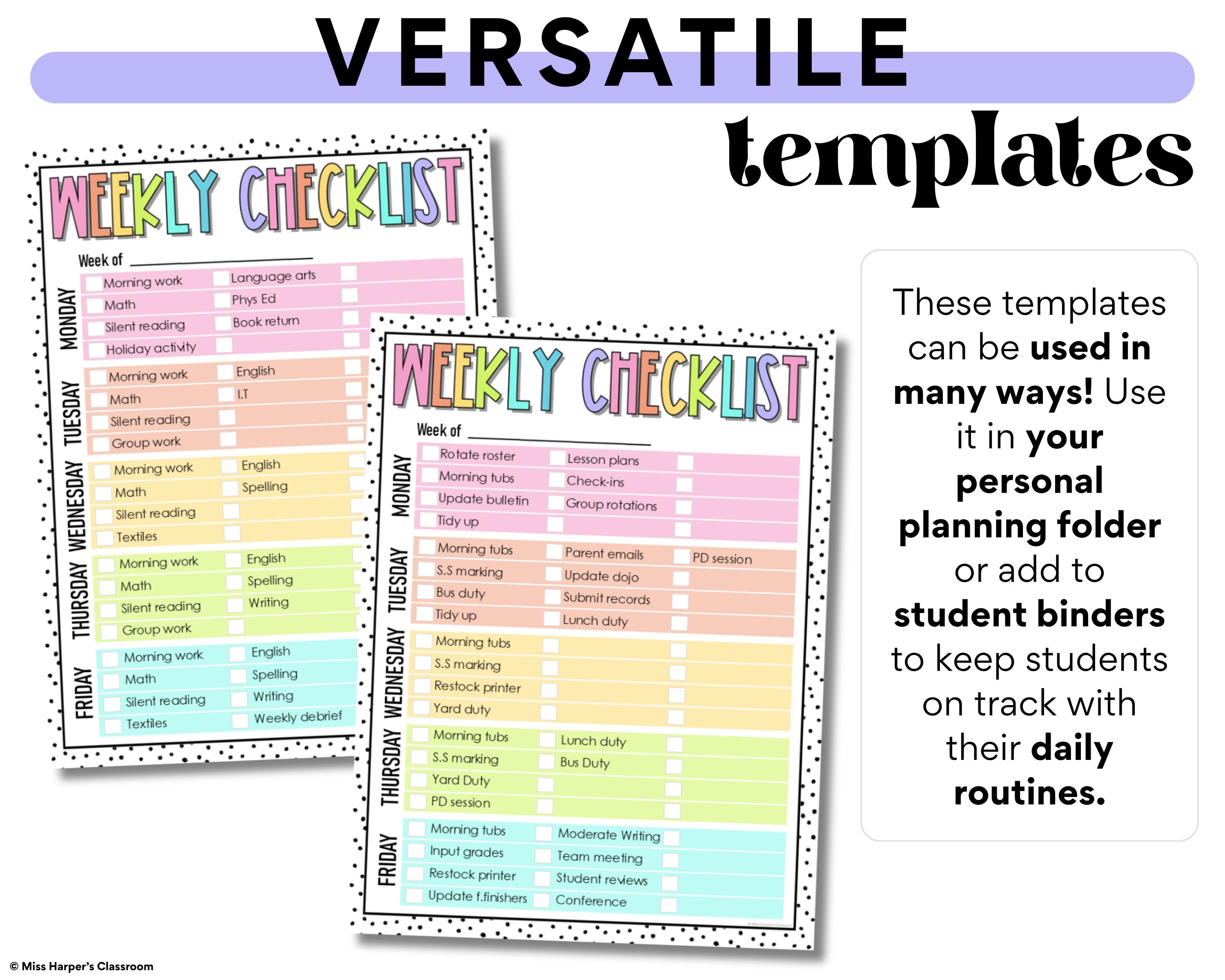 Classroom Weekly Checklist Template | Spotty Rainbow | Editable ...