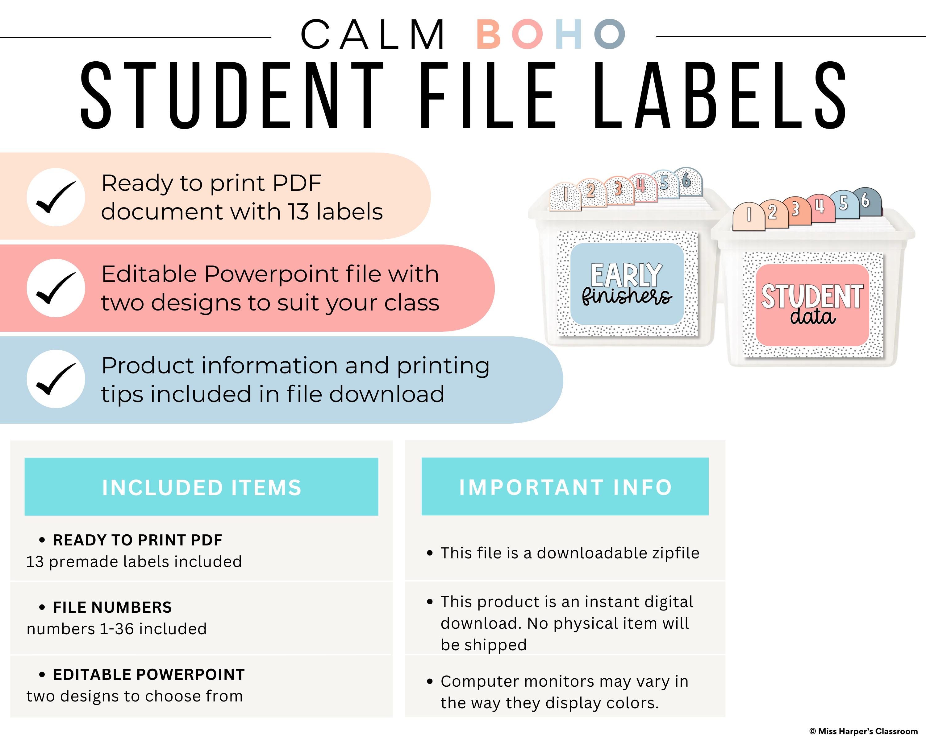 Student File Labels | Back to School | Calm Boho | Classroom Management ...