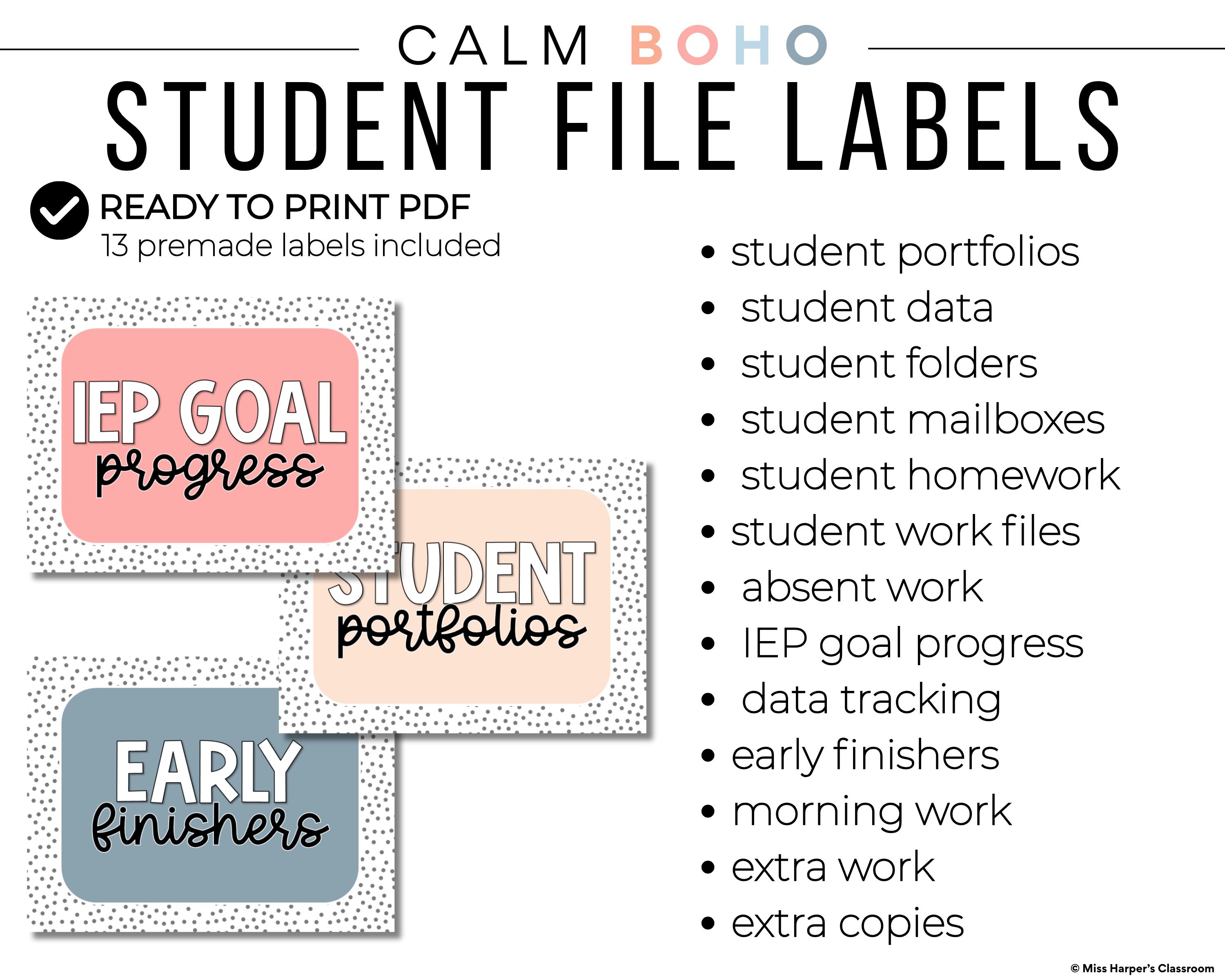 Student File Labels | Back to School | Calm Boho | Classroom Management ...