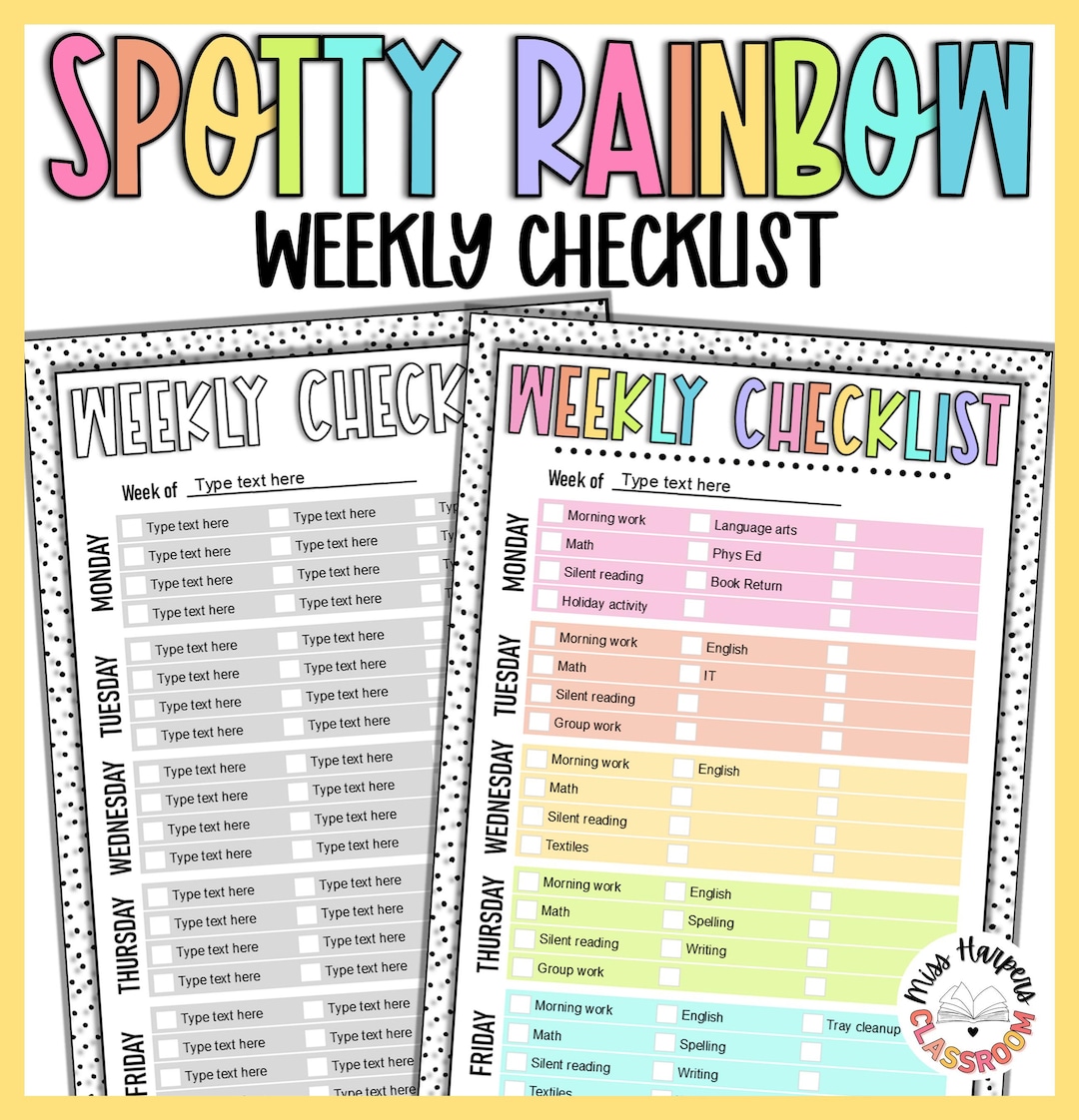 Classroom Weekly Checklist Template Spotty Rainbow Editable Classroom ...