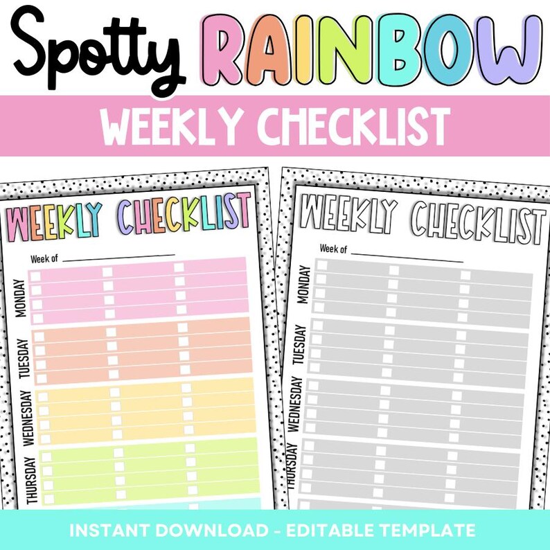 Classroom Weekly Checklist Template | Spotty Rainbow | Editable ...