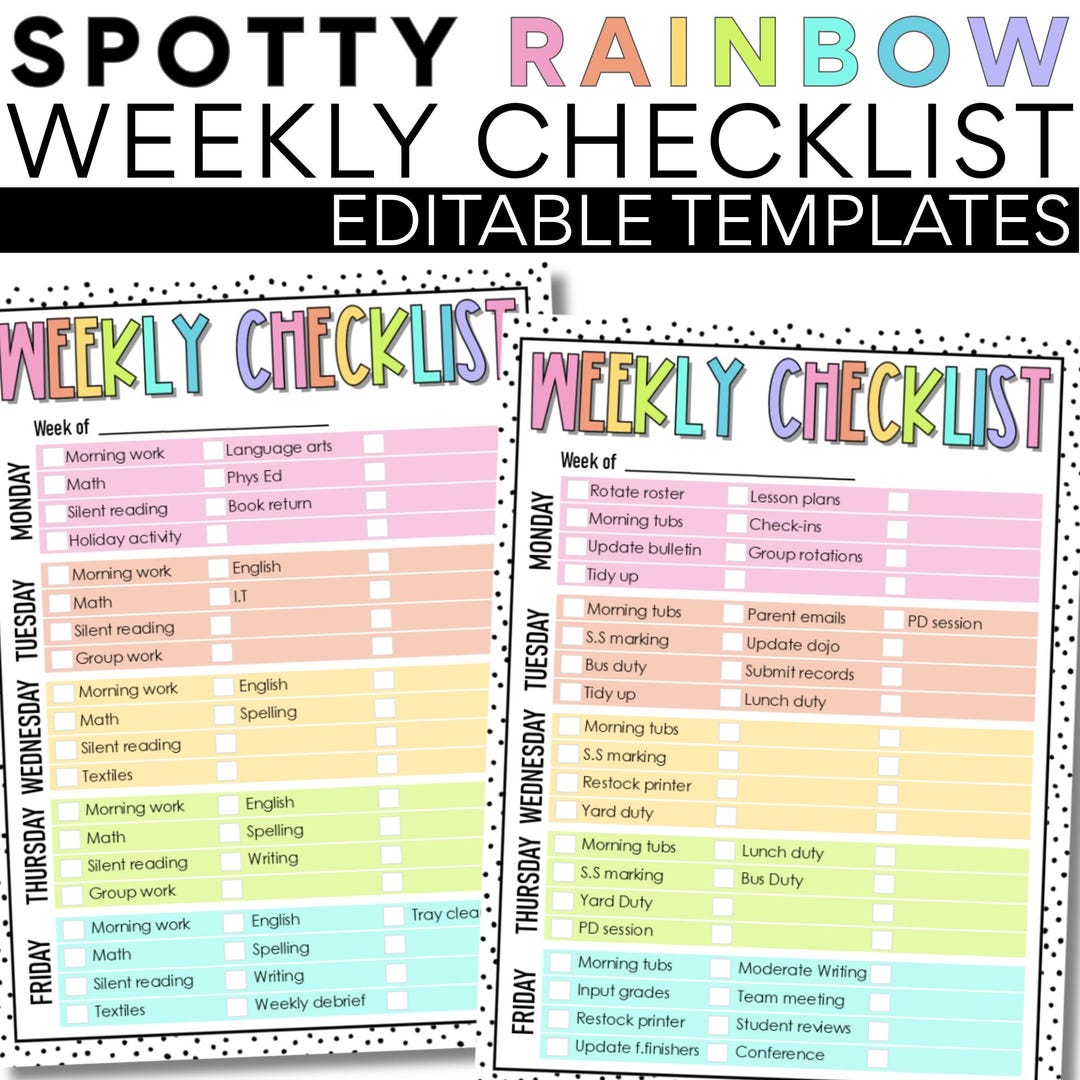 Classroom Weekly Checklist Template | Spotty Rainbow | Editable ...