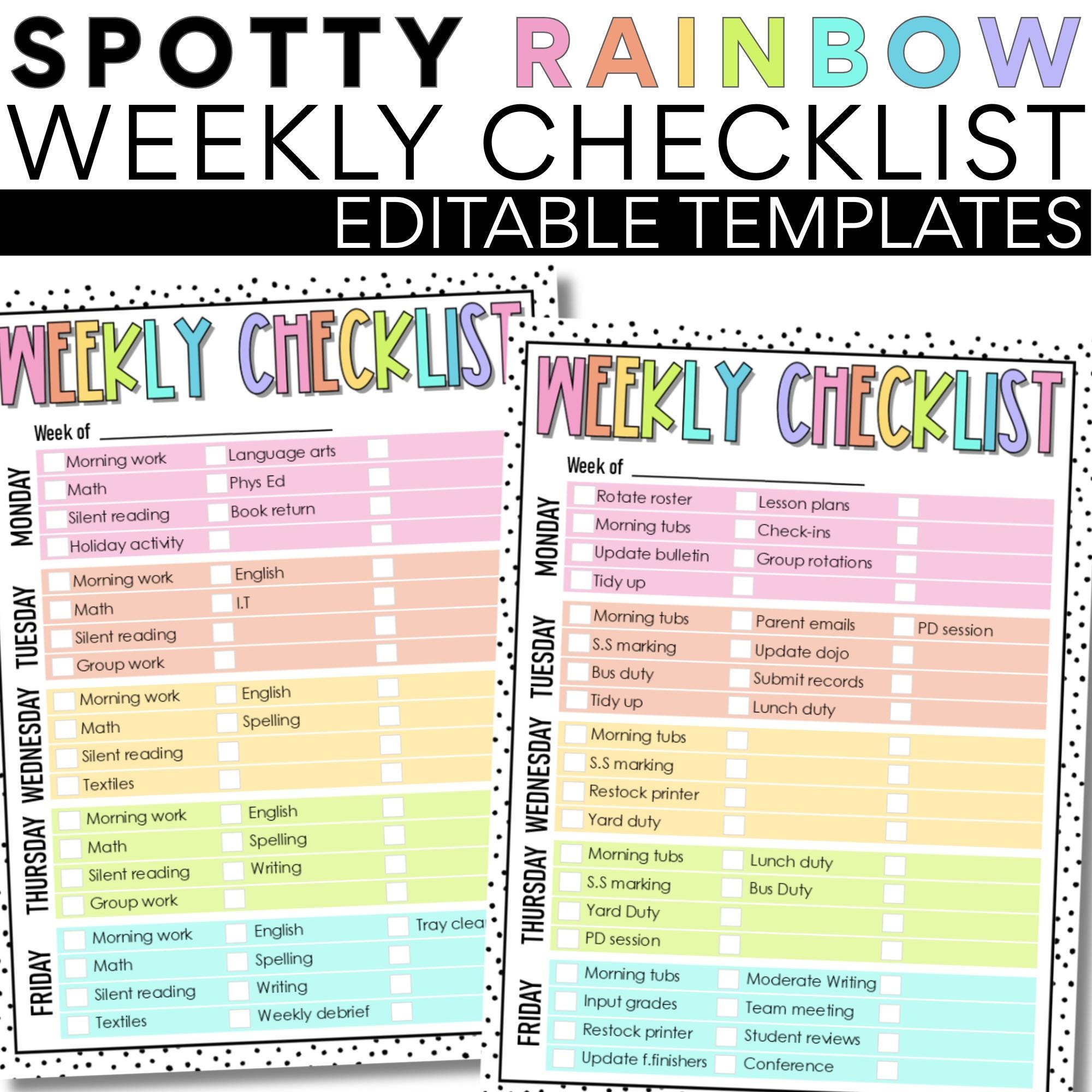 Classroom Weekly Checklist Template | Spotty Rainbow | Editable ...