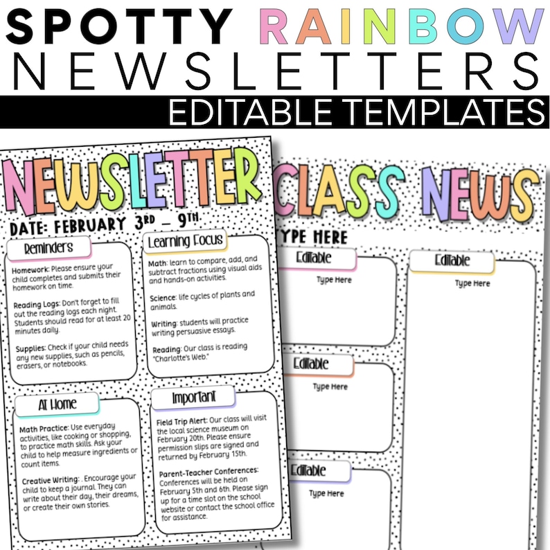 Classroom Newsletter Template | Spotty Rainbow | Editable | Classroom ...