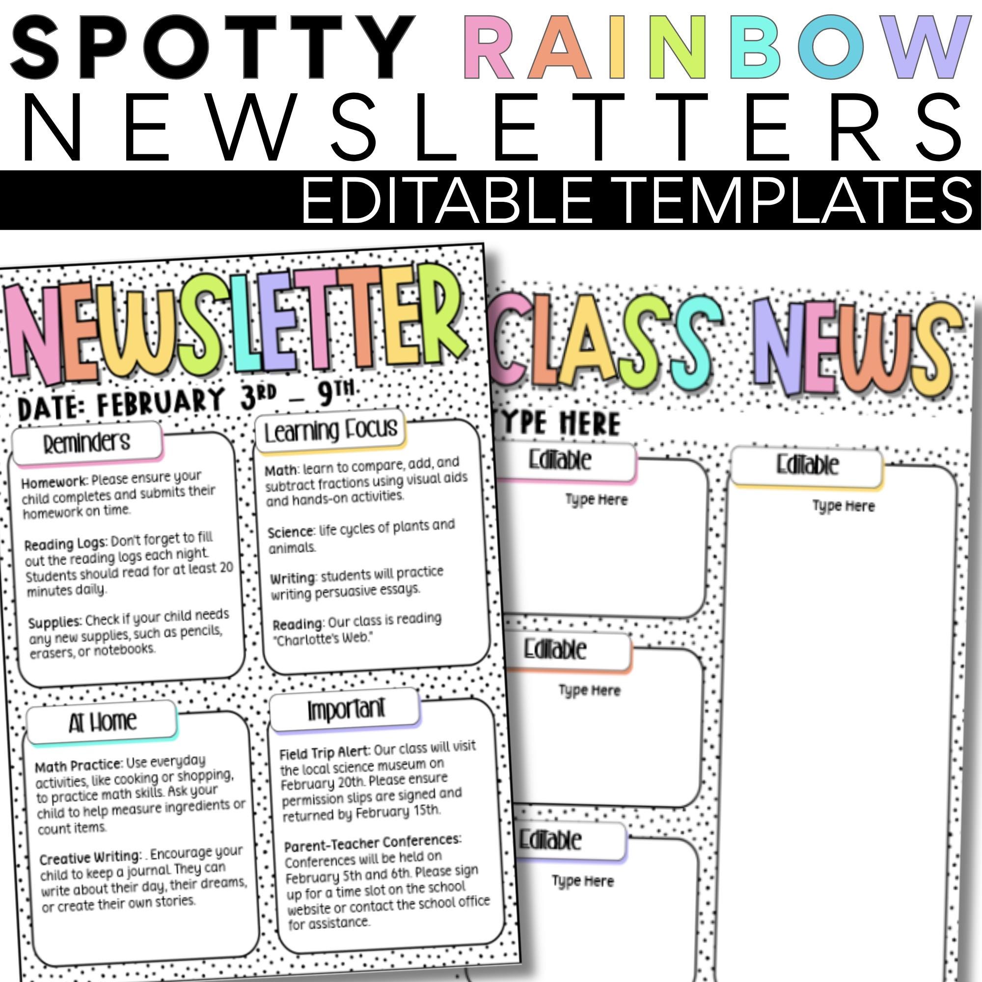 Classroom Newsletter Template | Spotty Rainbow | Editable | Classroom ...