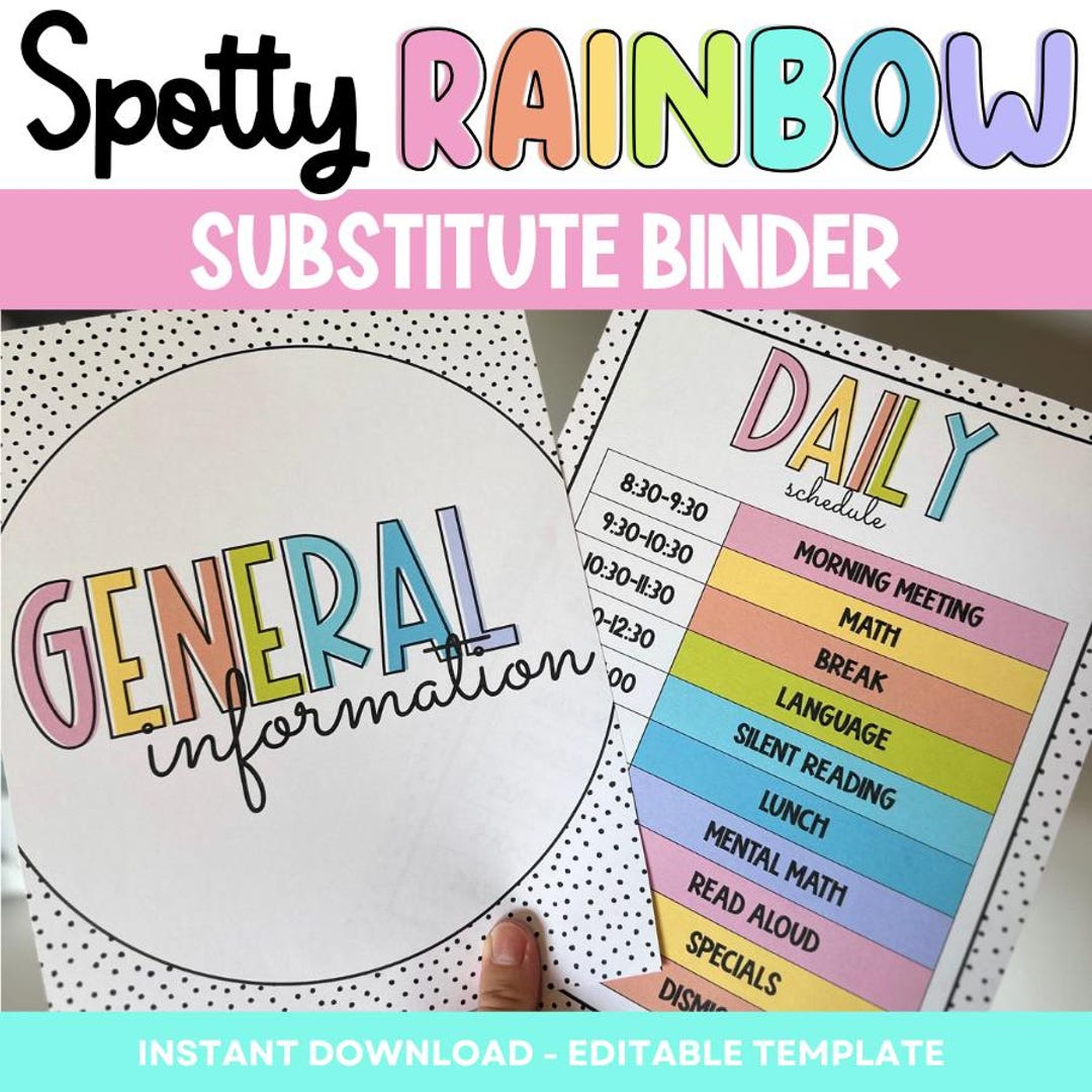 Substitute Binder Template | Spotty Rainbow | Editable | Classroom ...