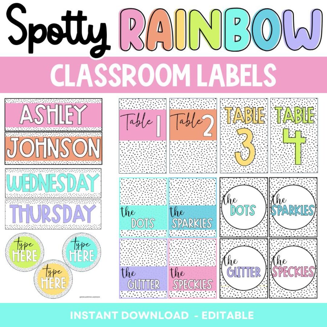Classroom Labels | Editable | Spotty Rainbow | Classroom Management - Etsy