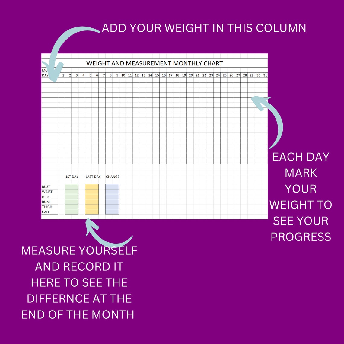 Printable Weight & Measurement Monthly Chart | Downloadable Weight ...