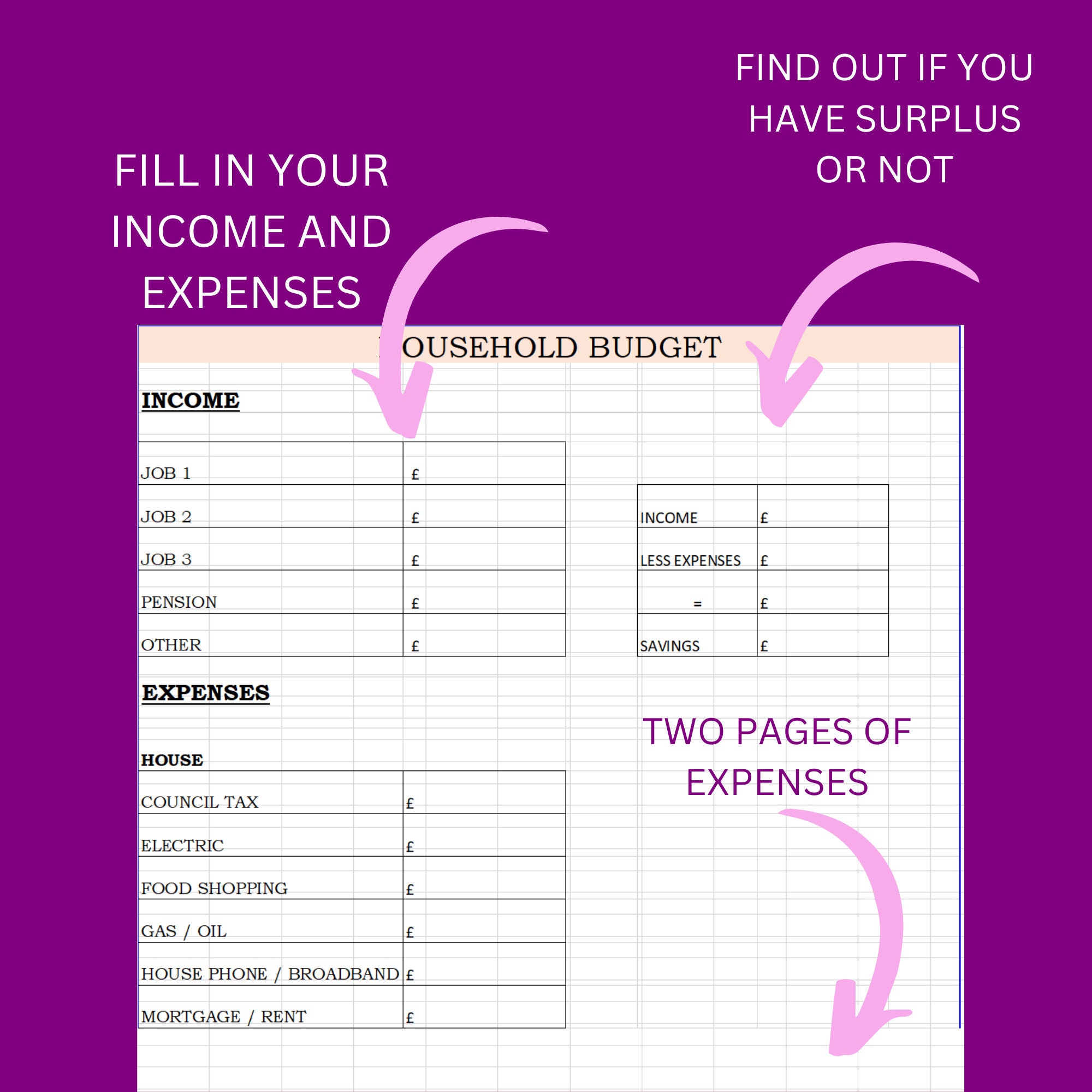 Printable Household Budget | Digital Downloadable Budget Form ...