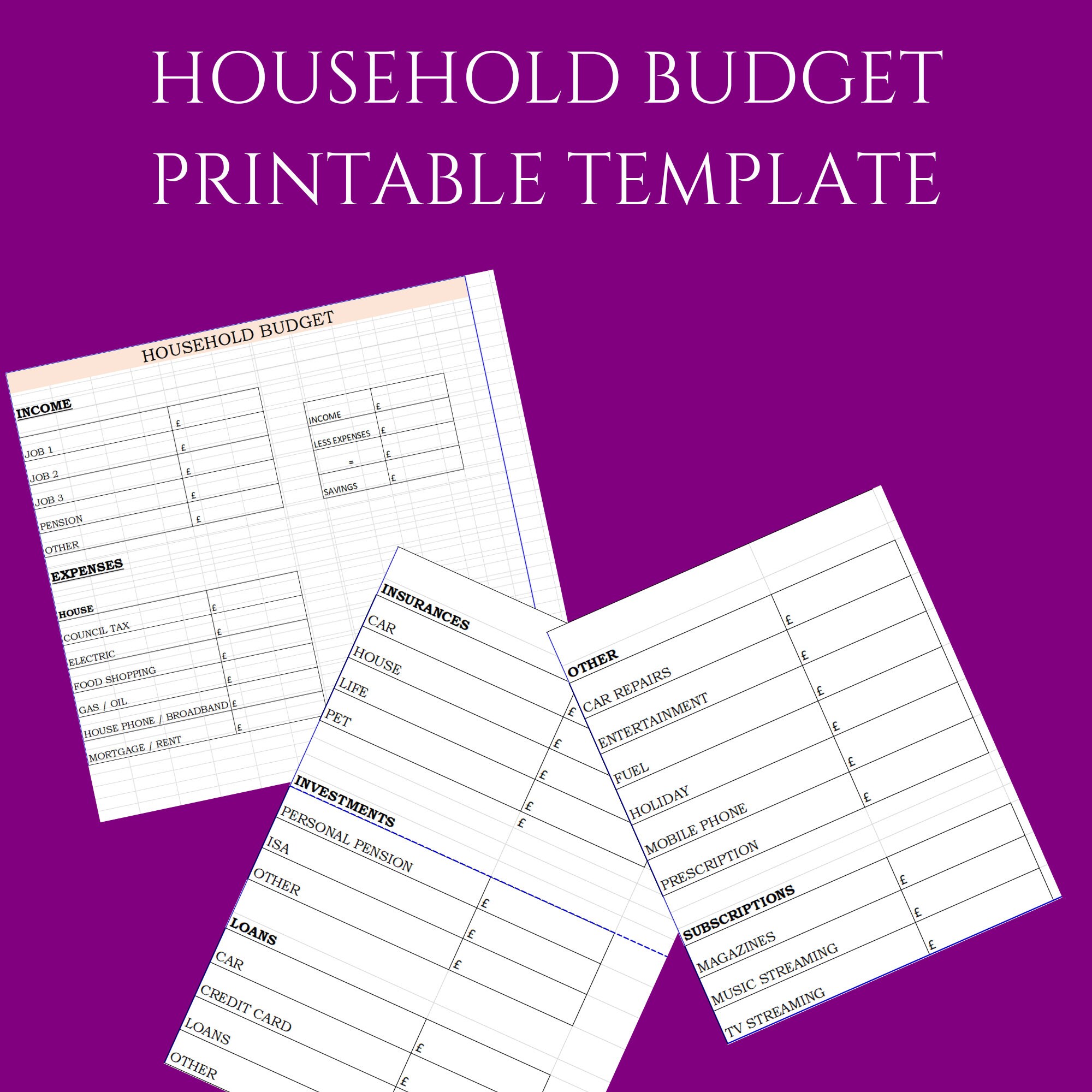 Printable Household Budget Digital Downloadable Budget Form Organize ...