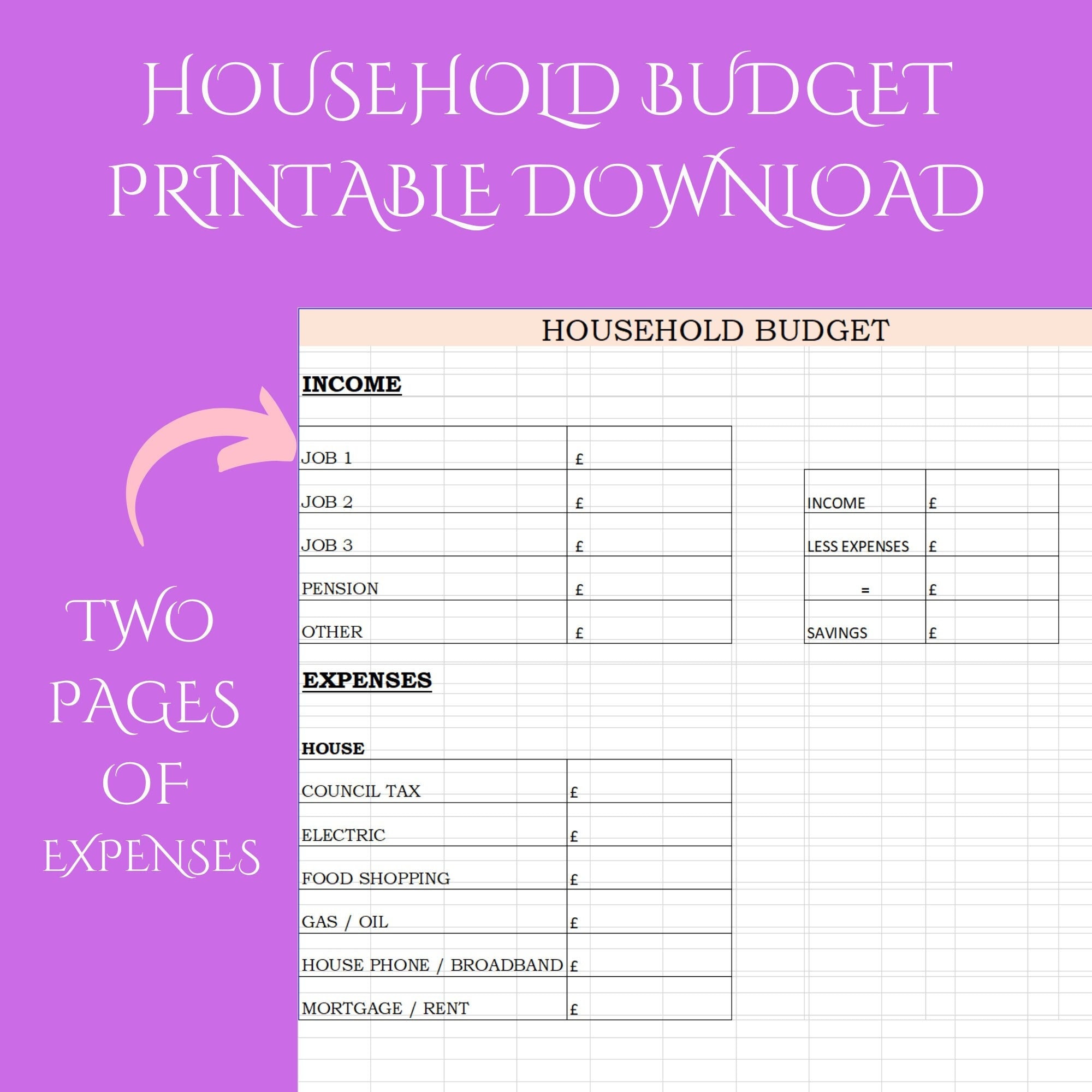 Printable Household Budget | Digital Downloadable Budget Form ...
