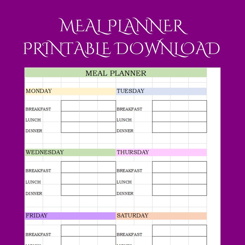 Meal Planner Printable Template Downloadable Meal Chart Breakfast Lunch ...