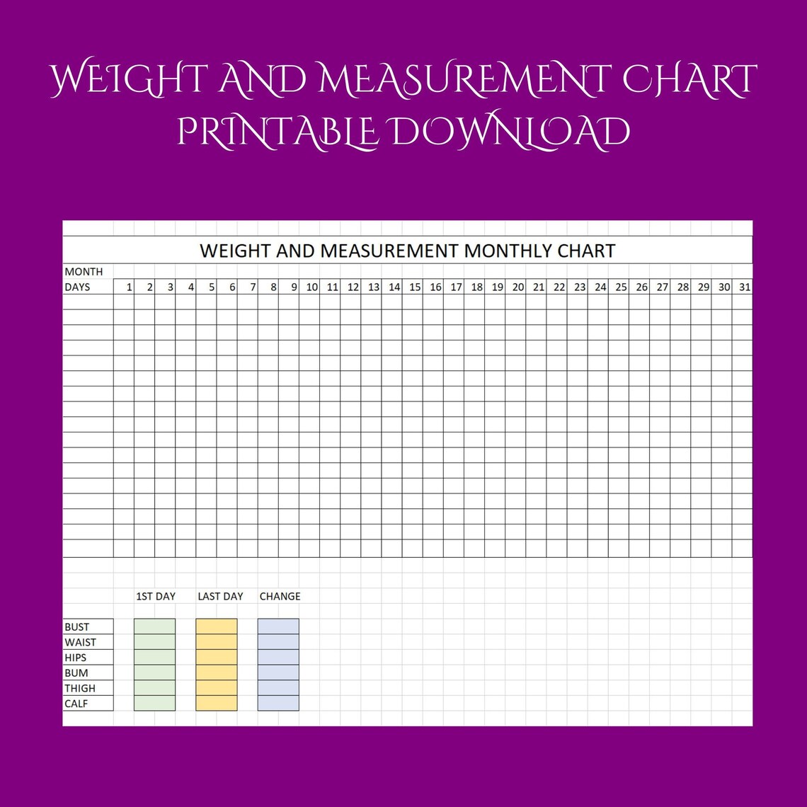 Printable Weight & Measurement Monthly Chart | Downloadable Weight ...