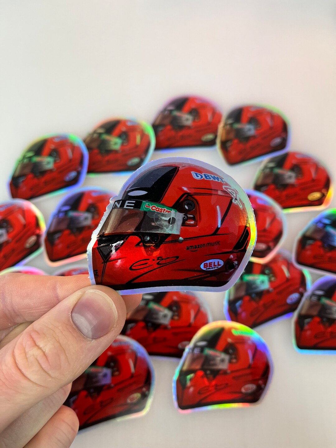 Esteban Ocon Deadpool Red Holographic Mini Helmet Formula One Sticker ...