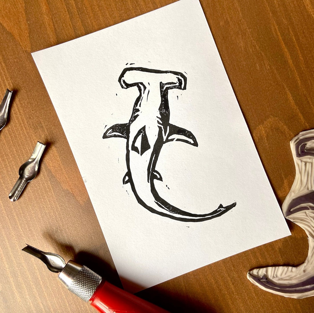 Hammerhead Shark Lino Print | Original A6 Ink Print | Sea-life Print ...