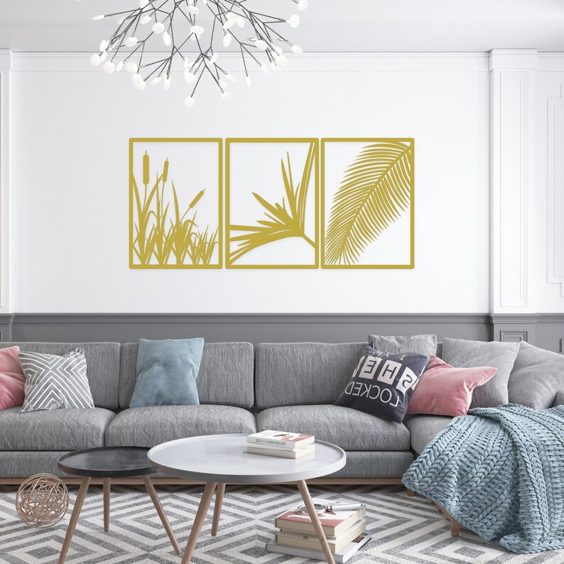 Reed Leaves Metal Art Elegant Gold Reeds Wall Decor 3-piece Metal Wall ...