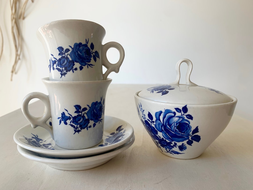POF ANCIENNE PORCELAINE Rare Vintage Coffee Set Two Cups and Sugar Bowl ...