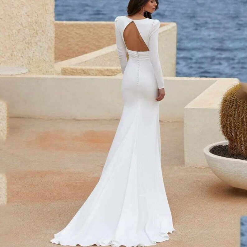 Elegant Crepe Mermaid Wedding Dress, Modern Deep V-neck Crepe Wedding ...