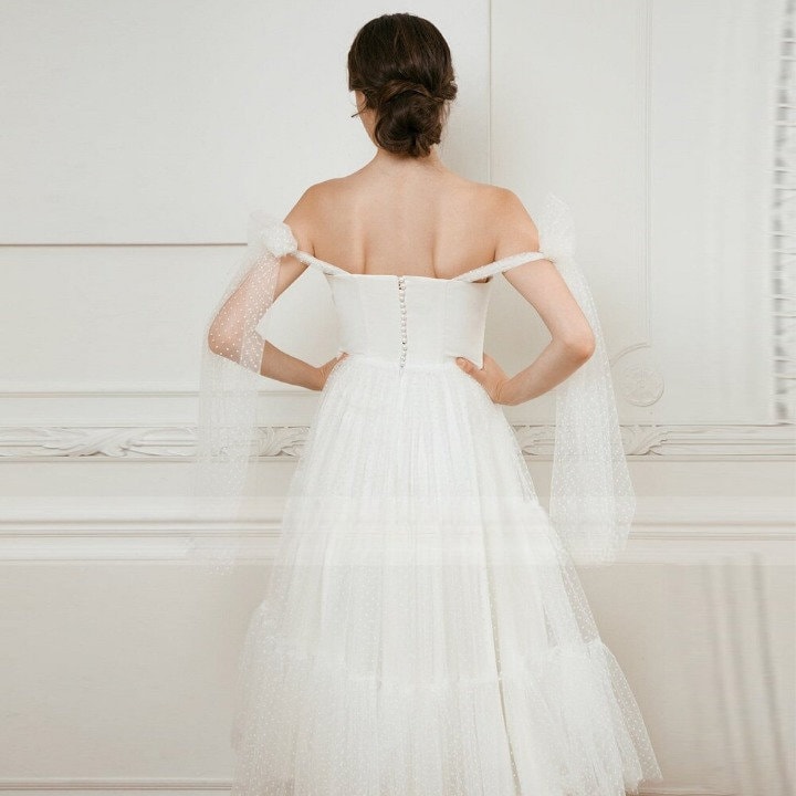 Midi off Shoulder Tea Length Wedding Dress A Line Wedding - Etsy