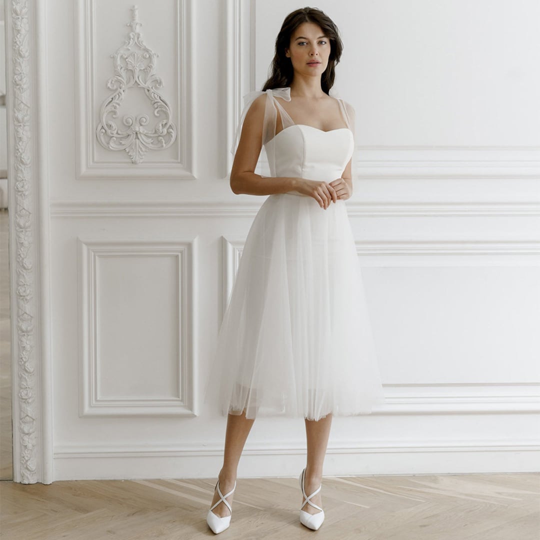 Simple Short Wedding Dress, Midi Satin Wedding Dress, Sweetheart A-line ...