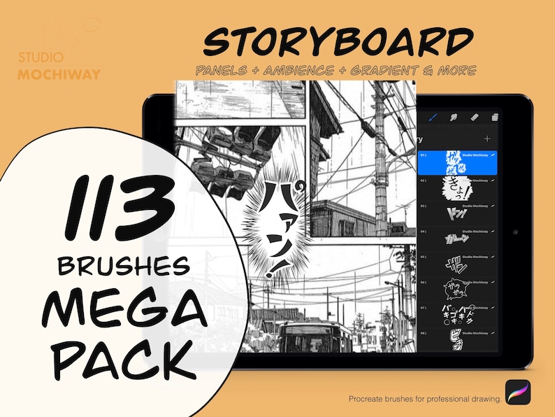 Storyboard Panels - 113 Procreate Brushes, Manga Ambience, Onomatopoeia ...