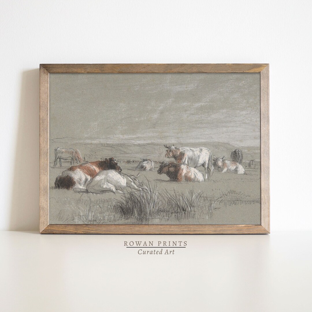Vintage Cows Sketch | Antique Country Landscape Print | Cow Print ...