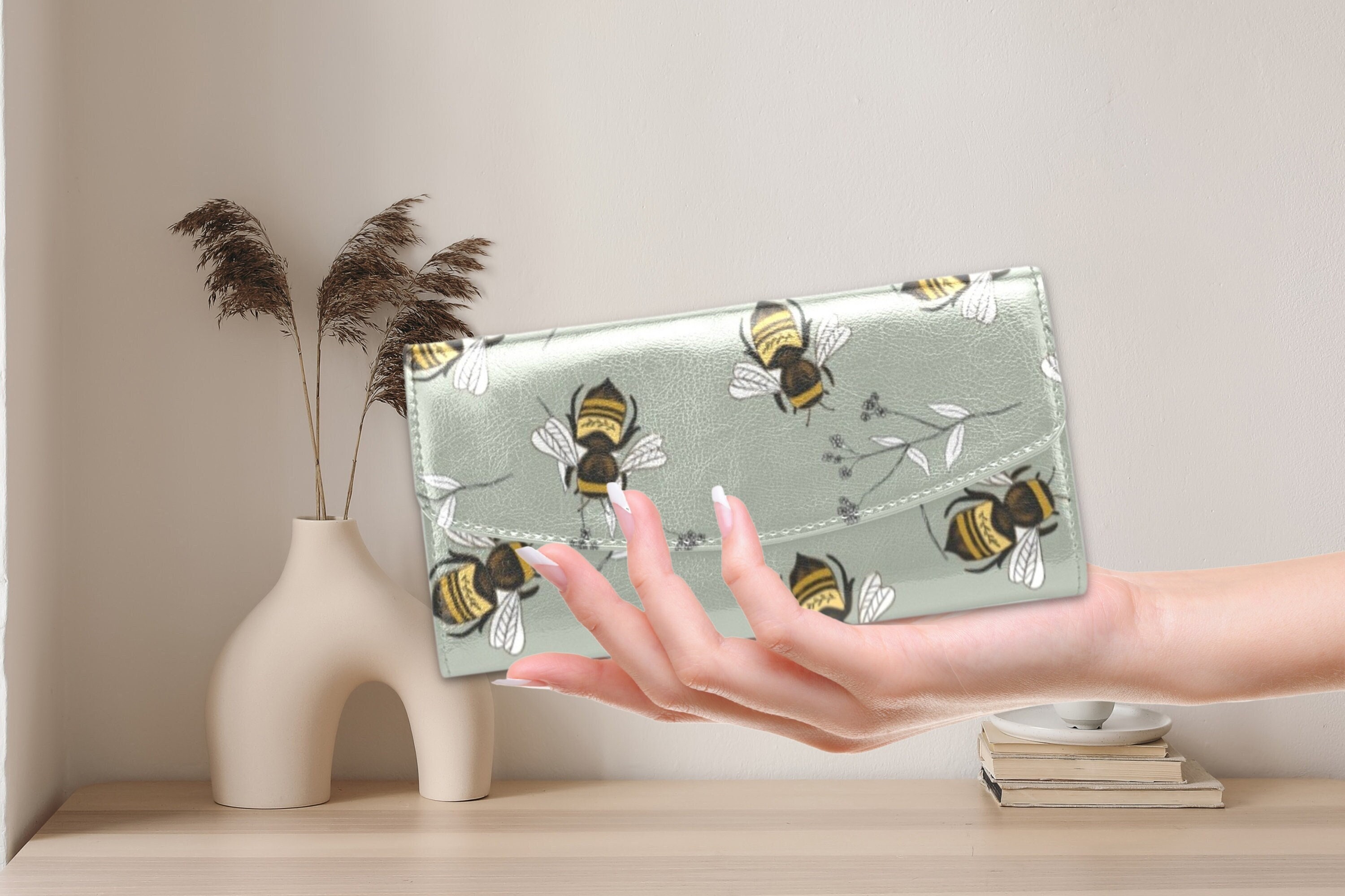 Bee Sage Green Wallet Purse, Cottagecore Bee Print Ladies Wallet, Vegan ...