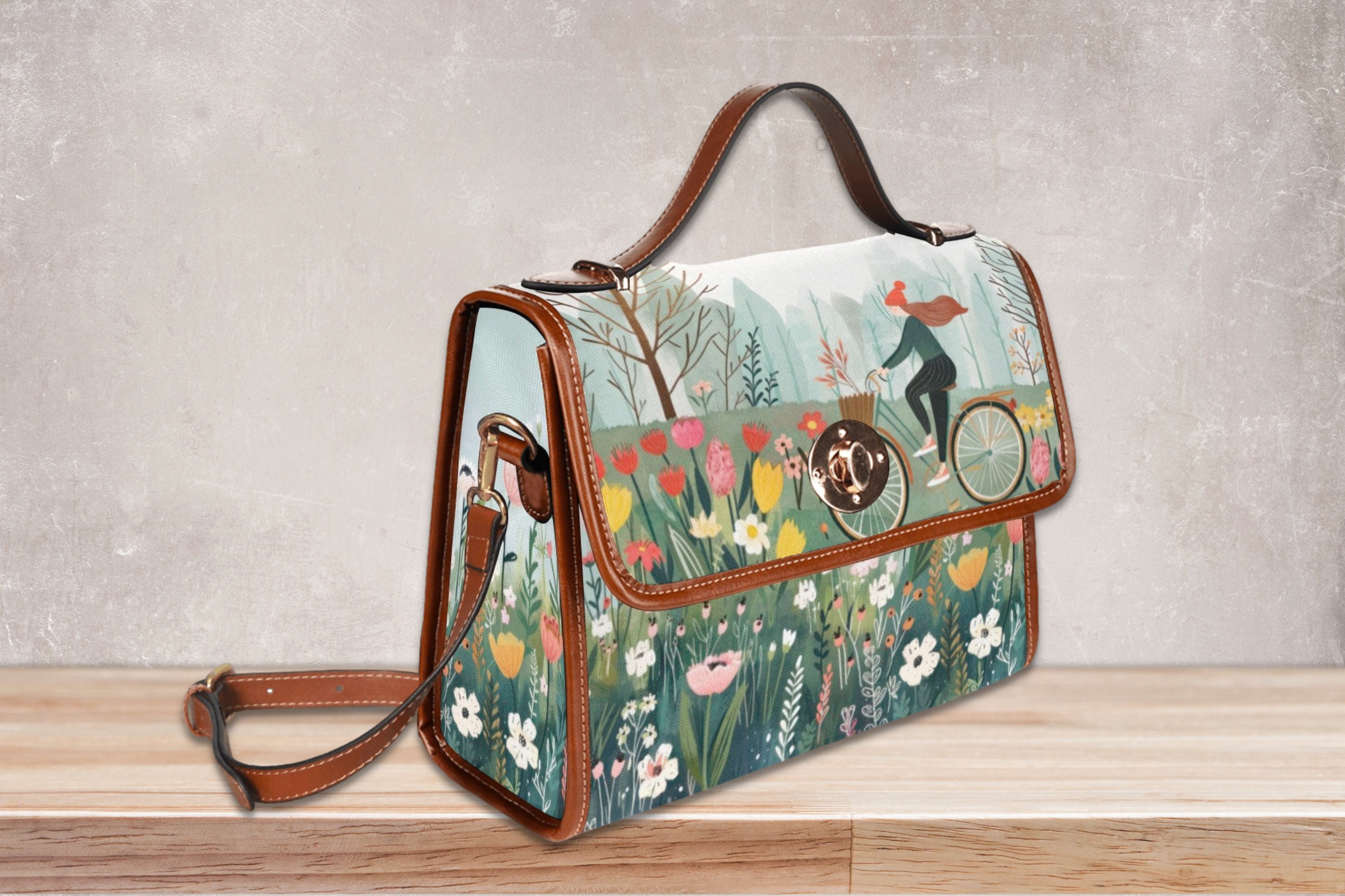 Spring Bicycle Retro Satchel Handbag Purse, Floral Garden Bag, Vegan ...
