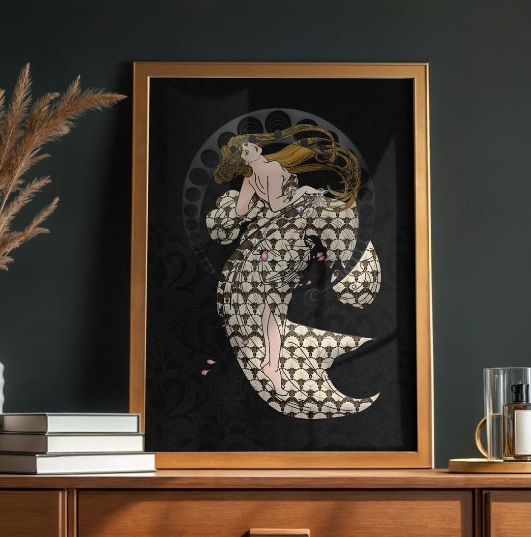 Goddess Art Deco Print Woman Vintage Print Art Nouveau Moon Lady Black ...