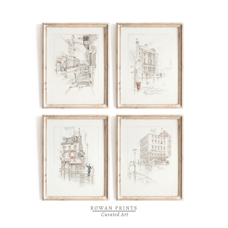 Vintage Cityscape Print SET of 4 Street Sketch Cityscape Architecture ...
