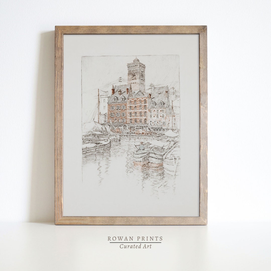 Coastal Harbour Boats Vintage Sketch | Seaside Scene Sketch | Coastal ...