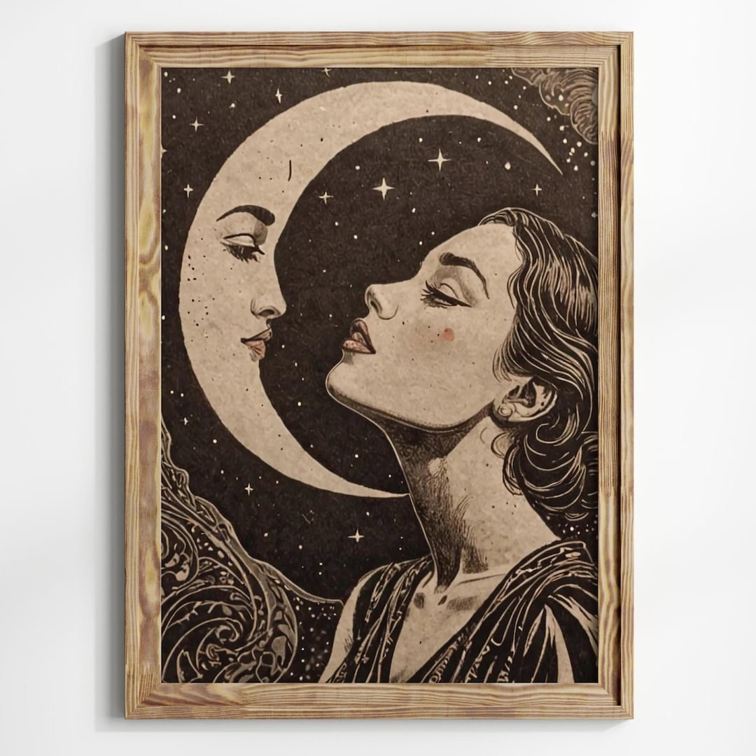 Woman and Moon Art Deco Print Woman Vintage Print Art Nouveau Moon Lady ...