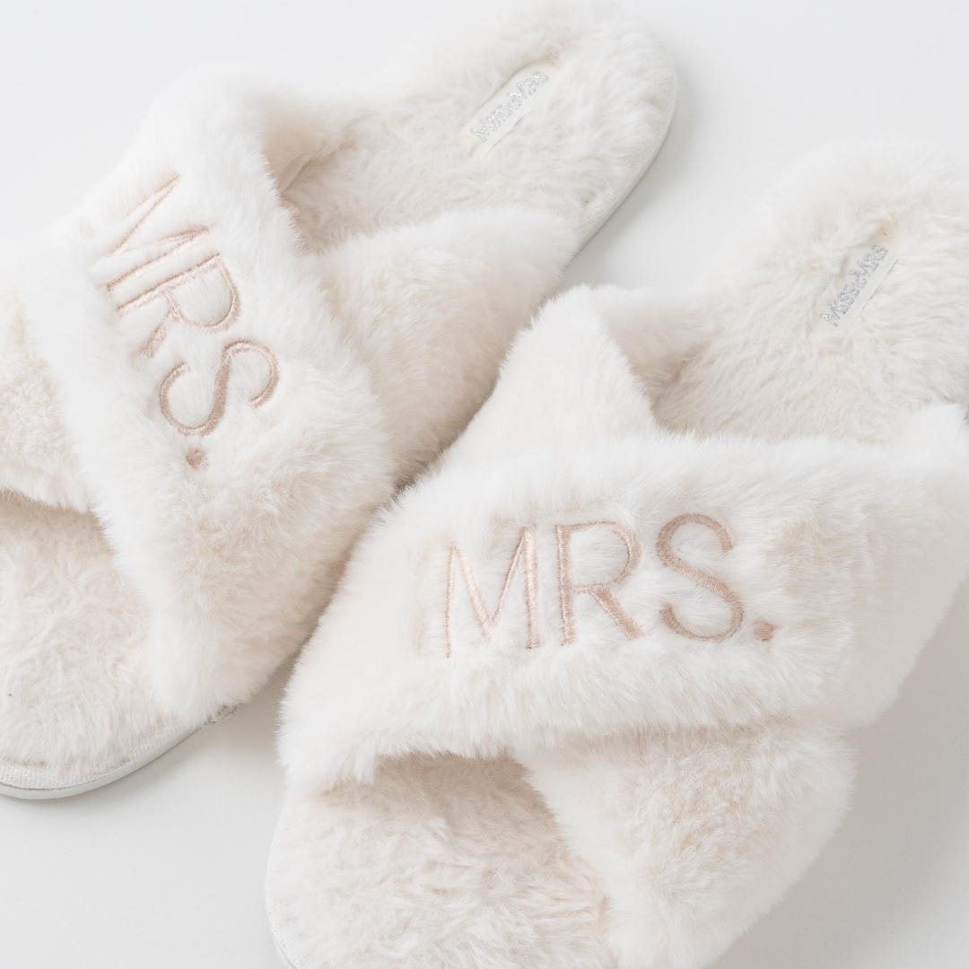 Bride Slippers for Wedding Day, Bridal Slippers, MRS Fluffy Slippers ...