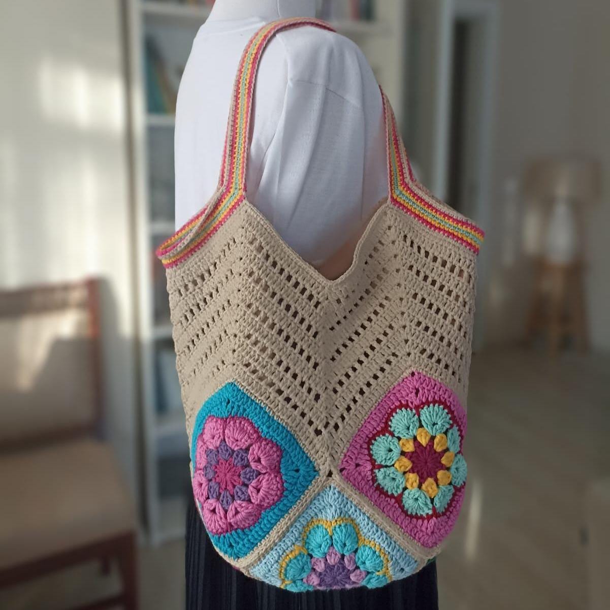 Handmade Crochet Tote Bag, Boho Granny Square Shoulder Bag, Lined ...