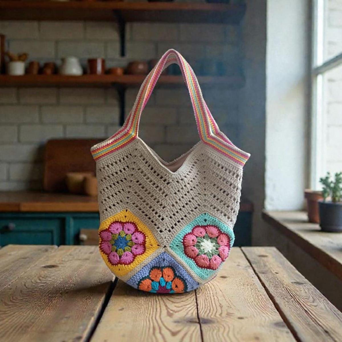 Handmade Crochet Tote Bag, Boho Granny Square Shoulder Bag, Lined ...