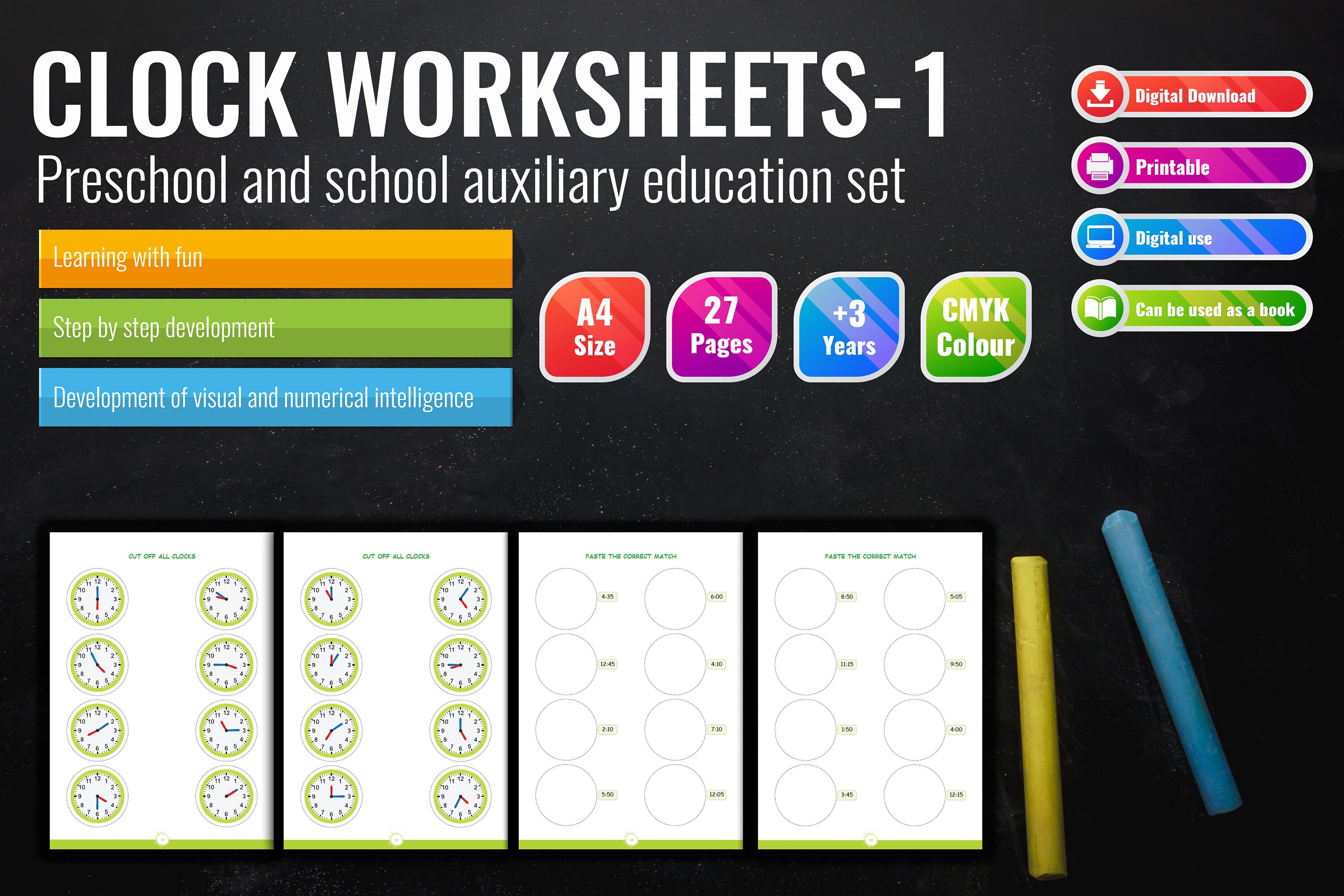 Preschool and School Auxiliary Clock Learning Set, Printable, Digital ...