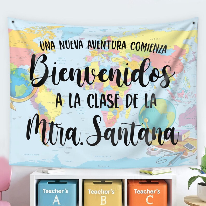 Custom Bienvenidos Spanish Classroom Tapestry, World Map Adventure ...