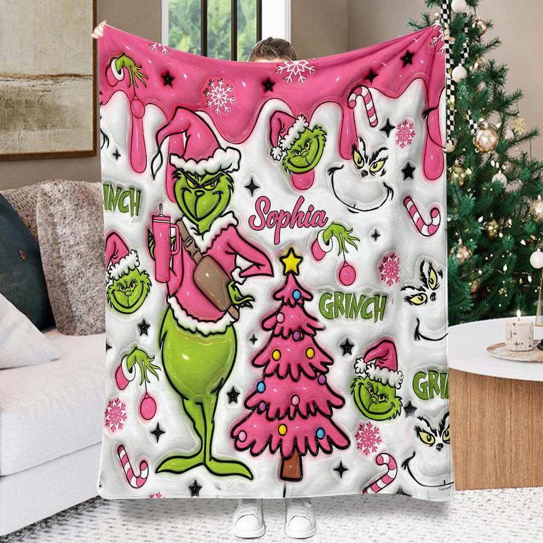 Personalized Pink Grinchy Fleece Blanket, Custom Grinch Christmas ...