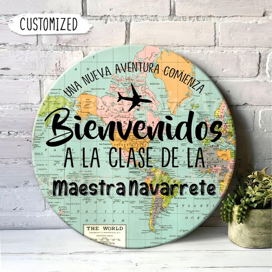 Personalized Bienvenidos Spanish Classroom Door Sign, World Map ...