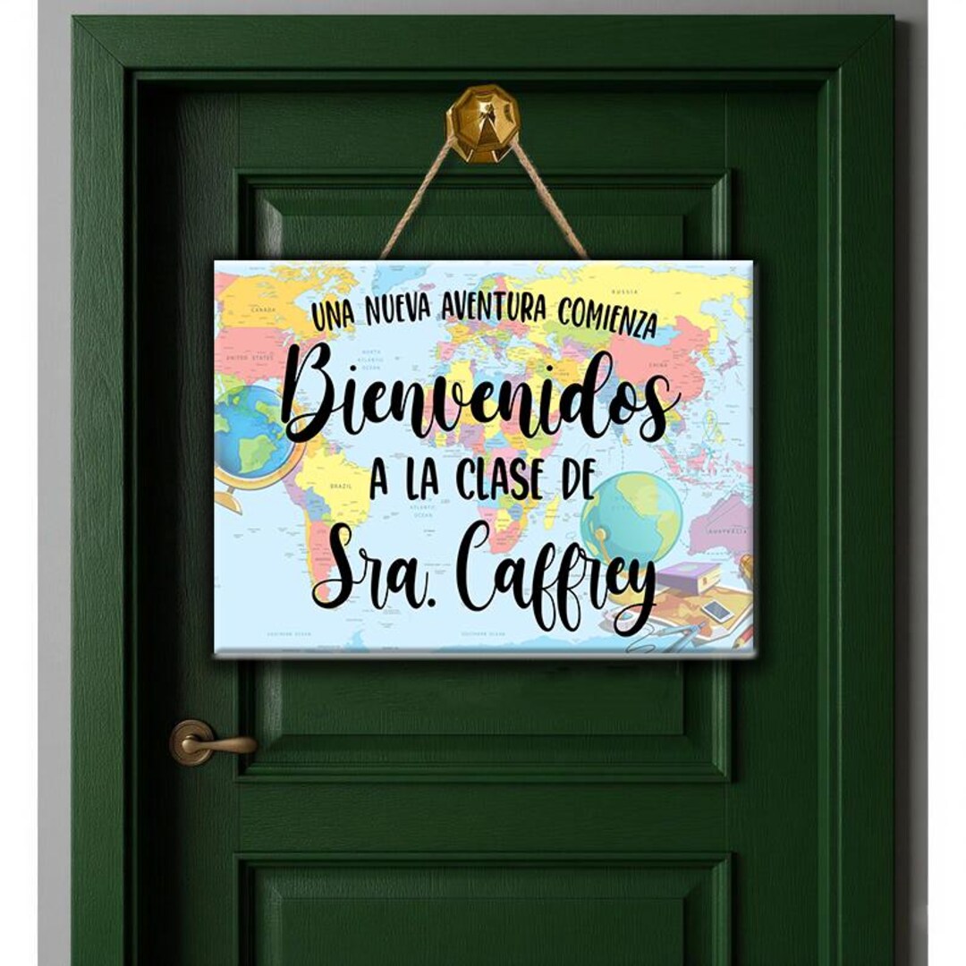Personalized Bienvenidos Spanish Classroom Door Sign, World Map ...