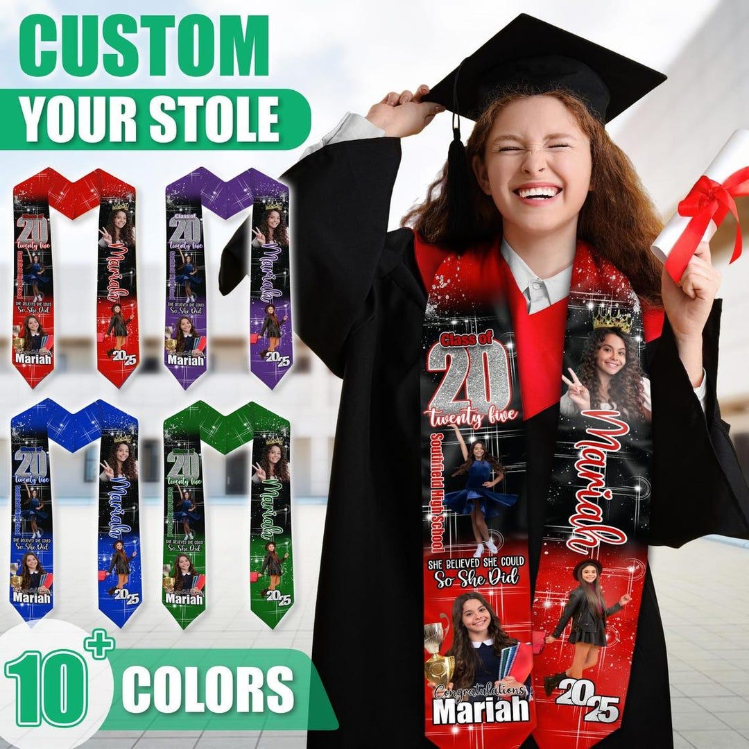 Custom Graduation Stole With Photos, Your School Colors Personalized ...