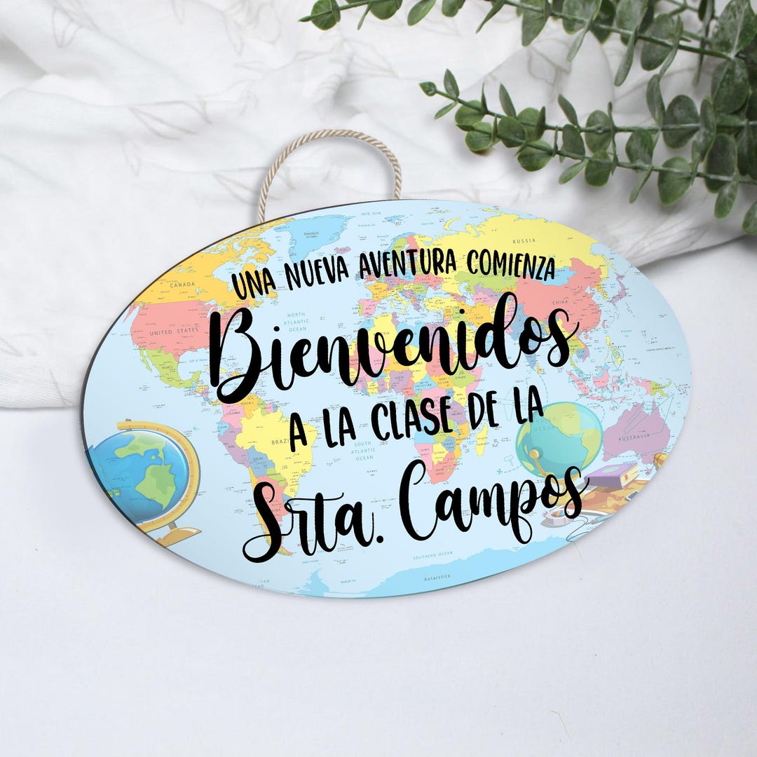 Personalized Bienvenidos Spanish Classroom Door Sign, World Map ...