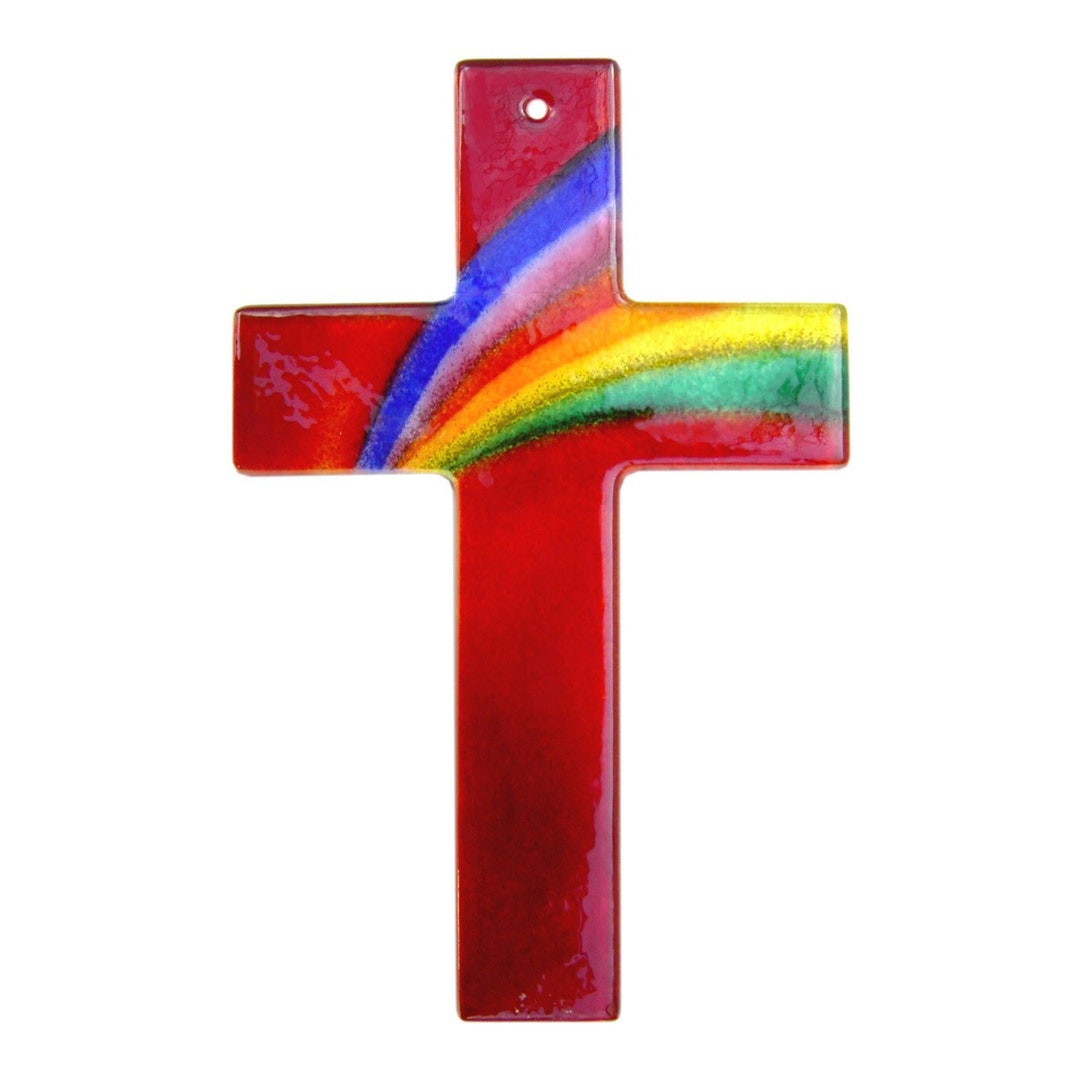 Glass Cross Red With Rainbow, 9,45 Inch (24 Cm), Glaskreuz - Etsy